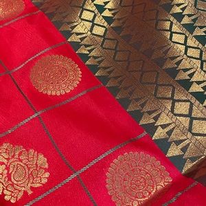 Other | Check Saree With Zari Weaving In Red | Poshmark